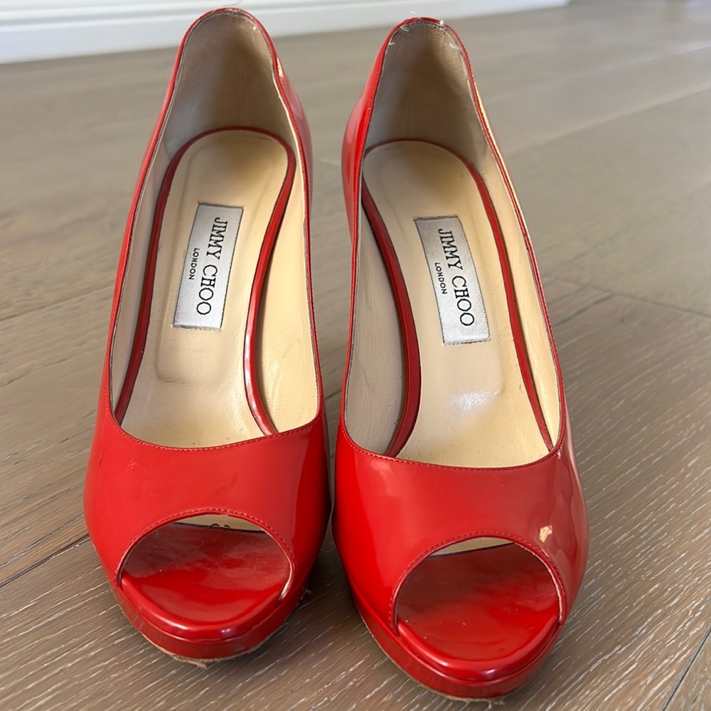 Jimmy Choo Red Patent Leather Open Toe Pump - Gem
